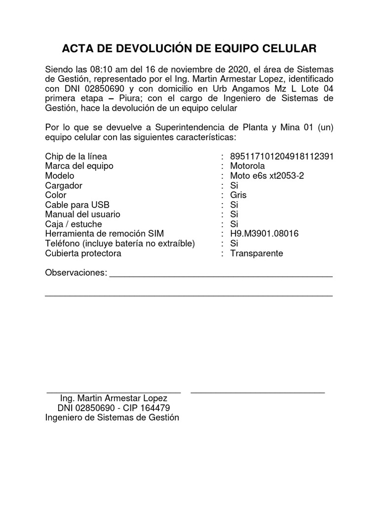 Acta de Devolución de Equipo Celular | PDF