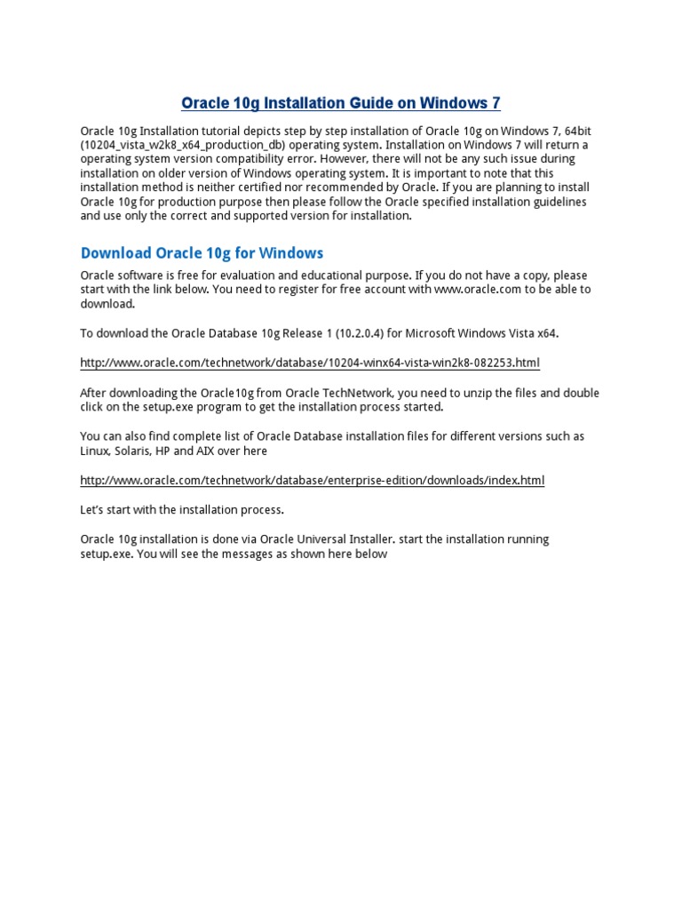 Oracle 10g Installation Guide On Windows 7 | PDF | Databases | Computer File