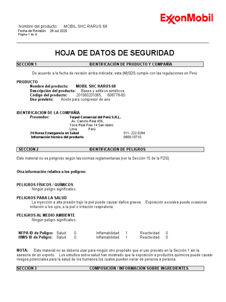 Mobil SHC Rarus 68 Msds - 945844 | PDF | Agua | Descarga electrostática