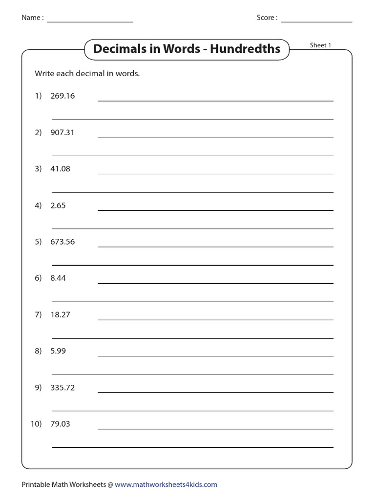 Decimals in Words Worksheet | PDF