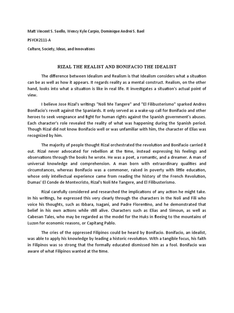 Rizal The Realist and Bonifacio The Idealist | PDF | History
