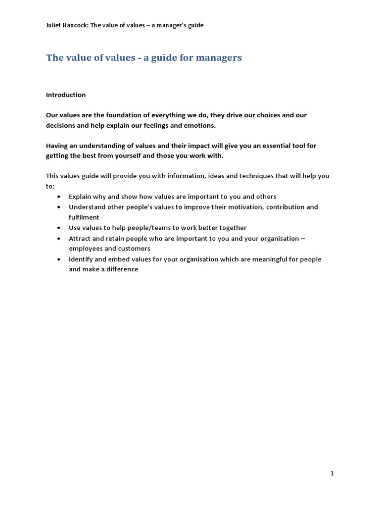 Juliet Hancock: The Value of Values - A Manager's Guide | PDF ...