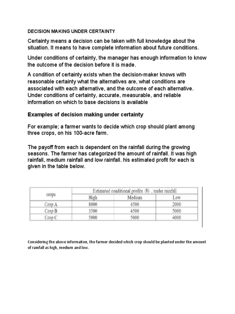 Examples of Decision Making Under Certainty | PDF