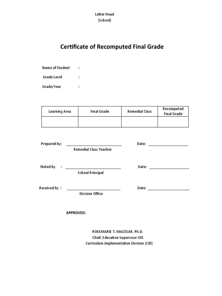 Certificate of Recomputed Final Grade: Approved | PDF