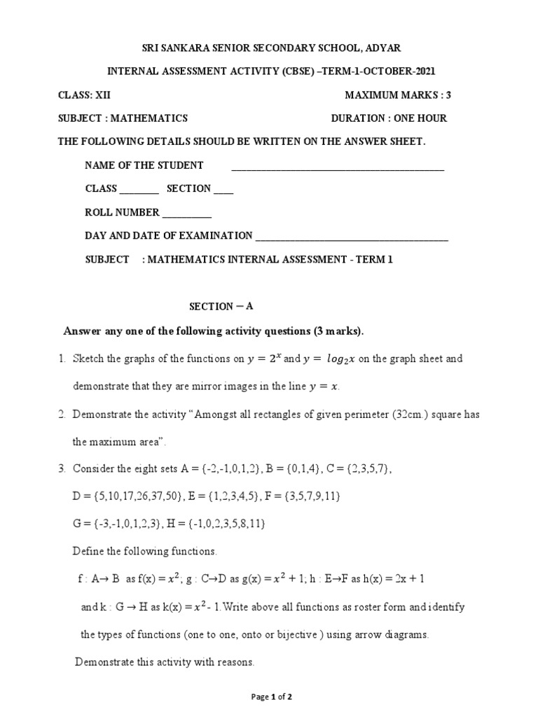 Xii Maths Internal Assessment Activity | PDF | Function (Mathematics ...