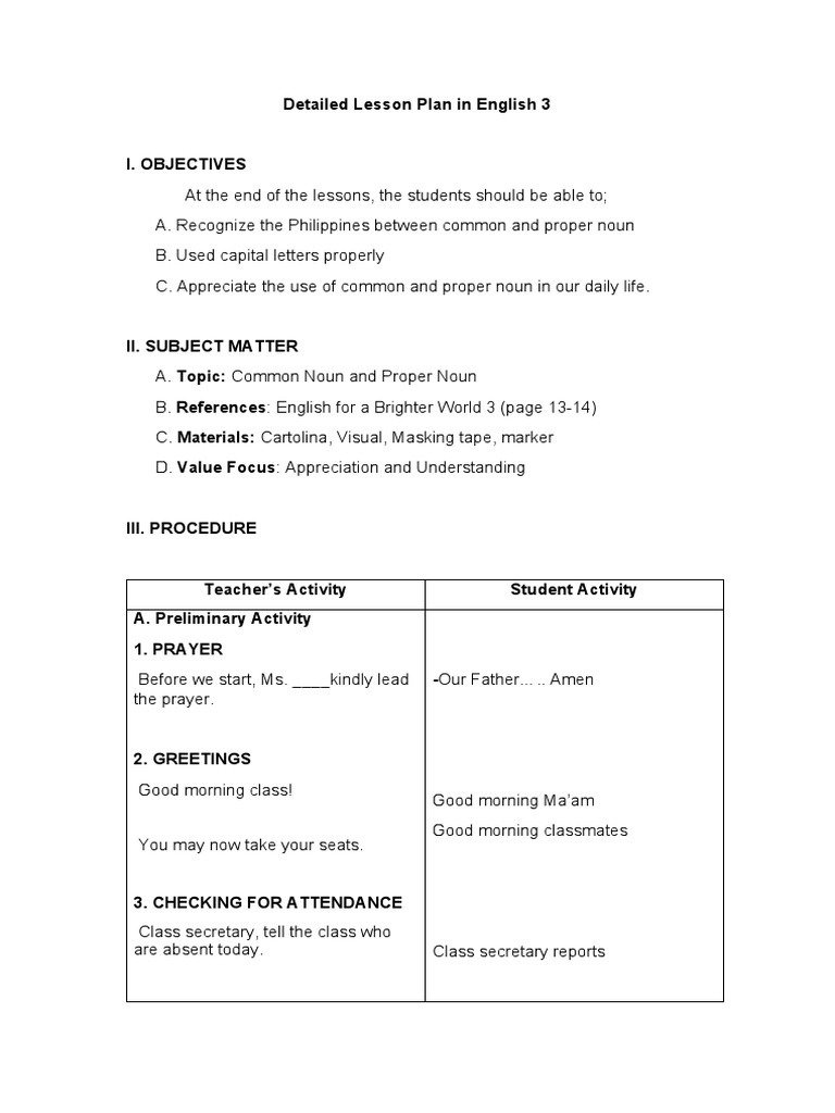 English 3 - Detailed Lesson Plan | PDF | Noun | Lesson Plan