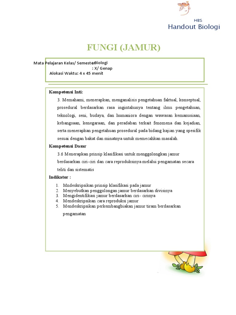 Fungi Jamur Handout Biologi Sma | PDF