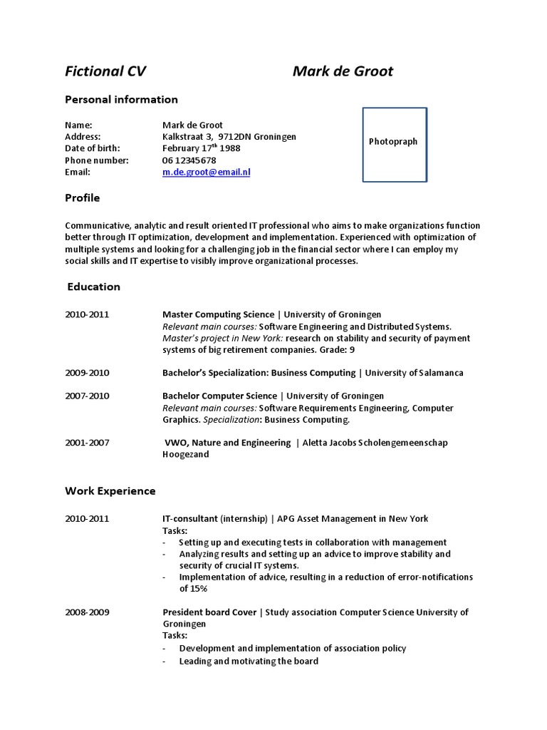 Fictional CV Mark de Groot: Personal Information | PDF | Computer ...