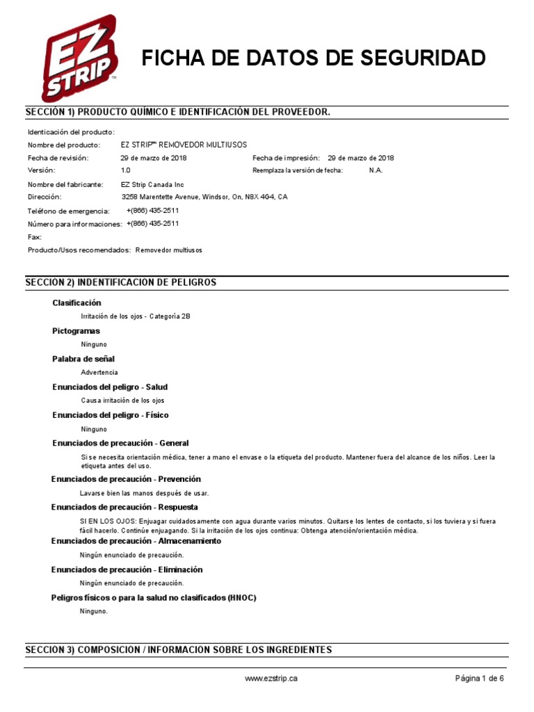 EZ Strip™ All Purpose Remover SDS Spanish | PDF | Administración de ...