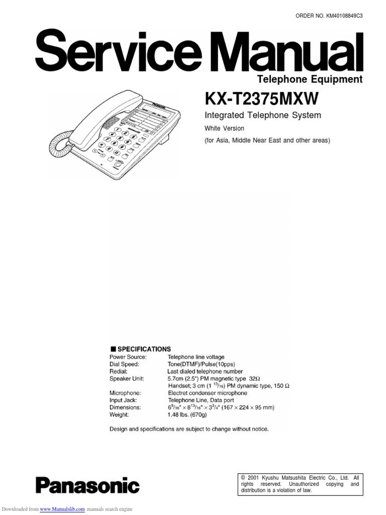 Panasonic KX-T2375MXW Service Manual | PDF | Amplifier | Telephone
