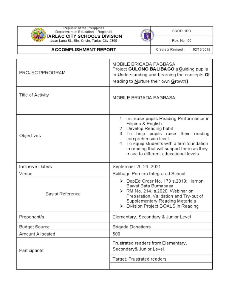 Accomplishment Brigada Pagbasa | PDF