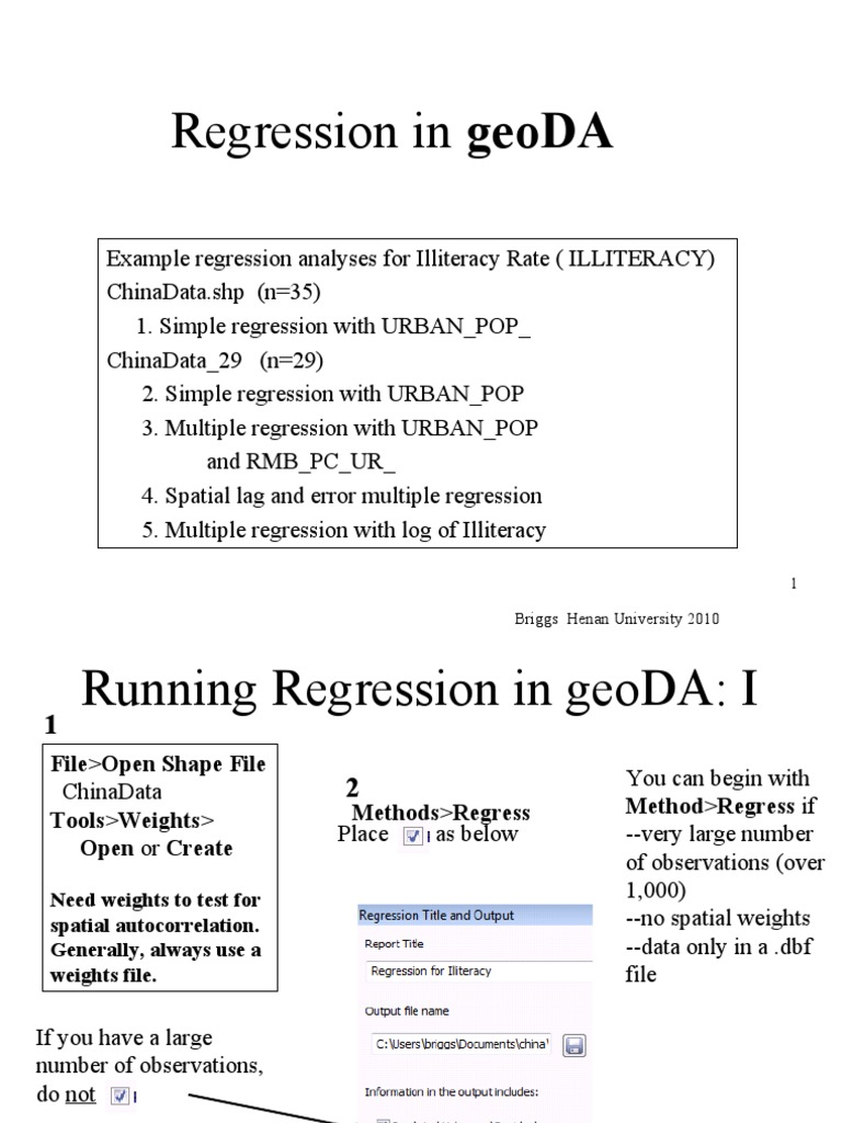 Regression in Geoda: Briggs Henan University 2010 1 | PDF | Regression Analysis | Errors And ...