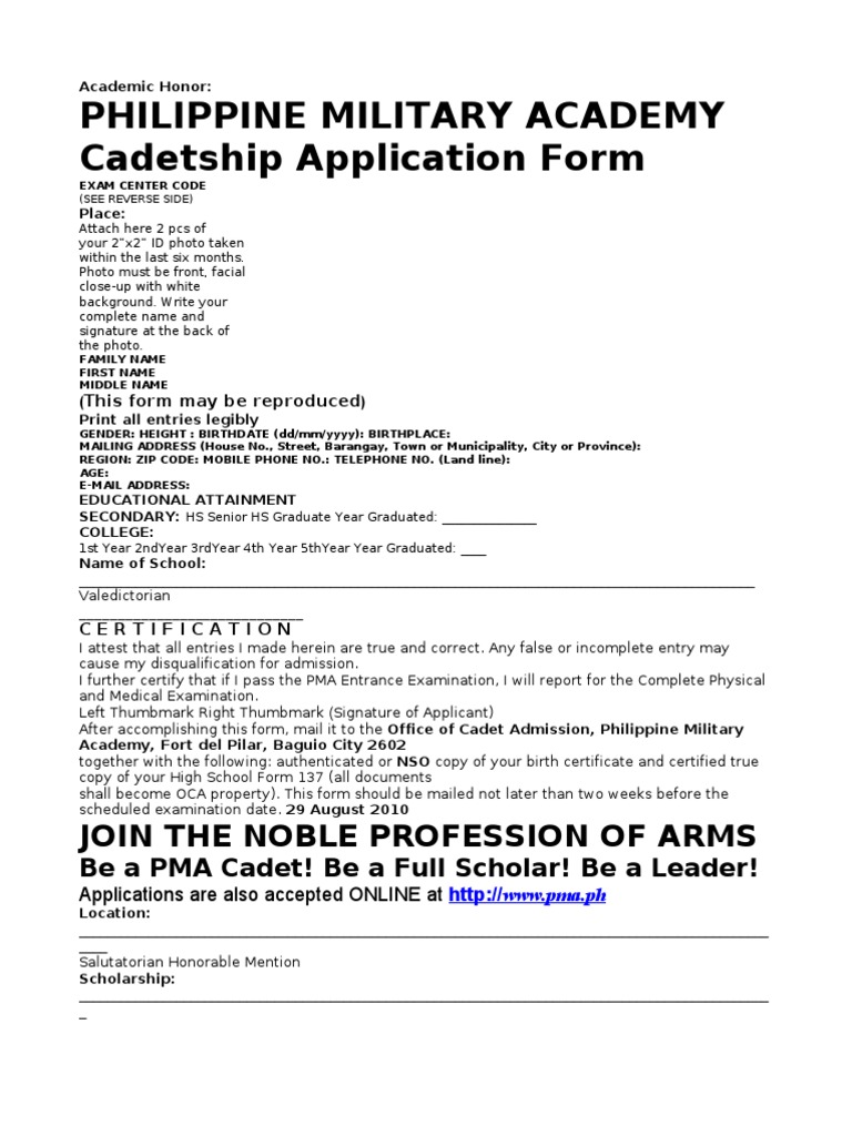 Philippine Military Academy Cadetship Application Form: Join The Noble ...