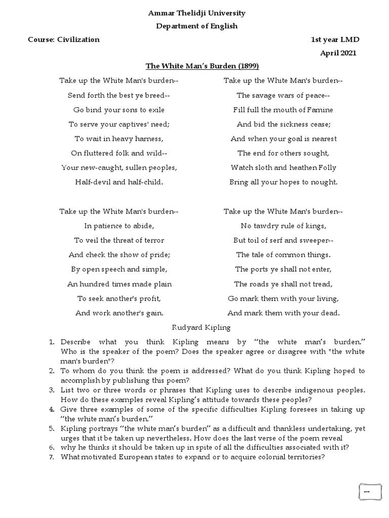 The Whites Man Burden | Download Free PDF | Rudyard Kipling