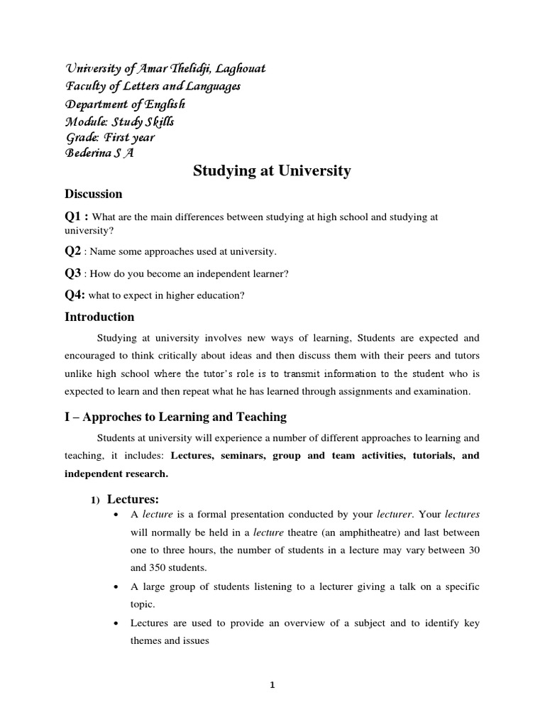 Study Skills Lecture Studying At University Pdf Lecture