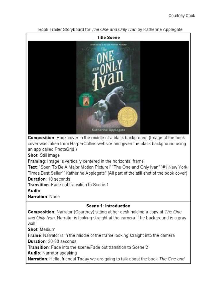Book Trailer Storyboard For The One and Only Ivan | PDF