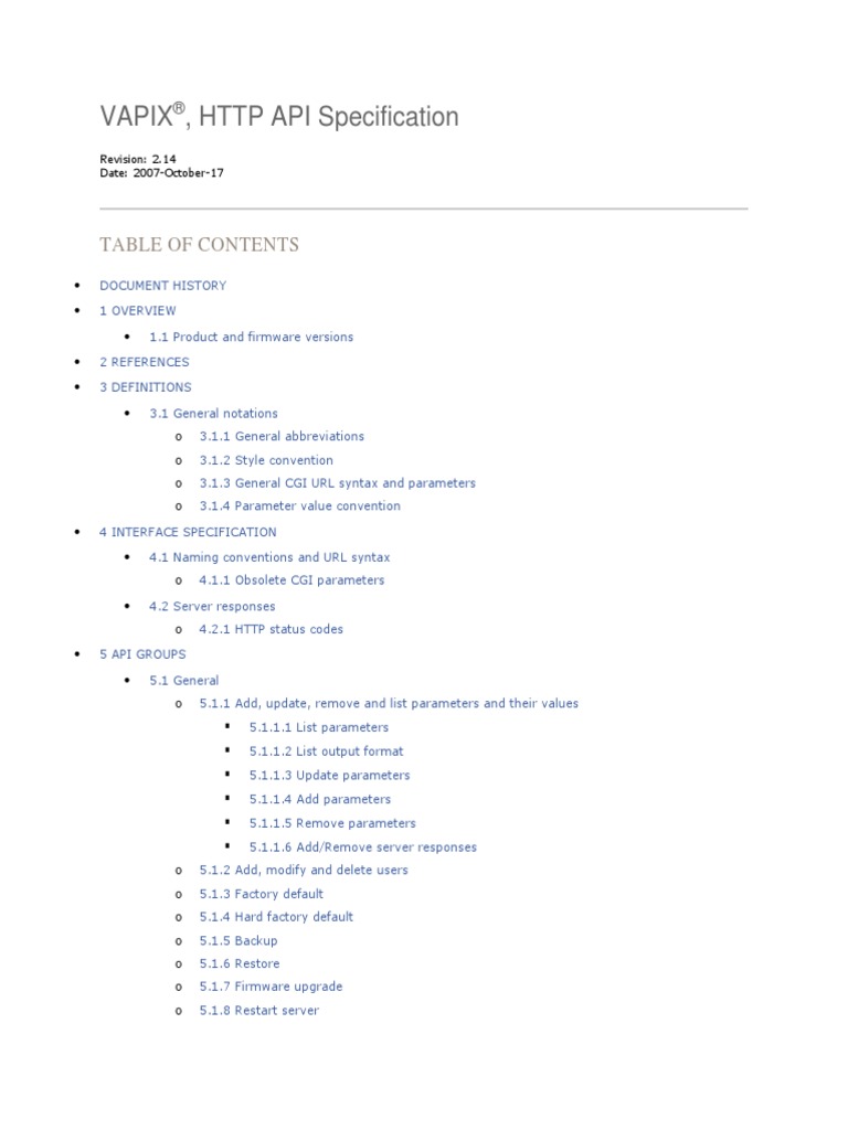 Vapix, HTTP API Specification: o o o o | PDF | Uniform Resource Identifier | Hypertext Transfer ...