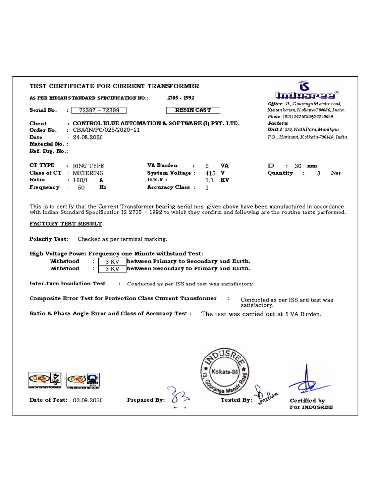 Current Transformer Test Certificate | PDF