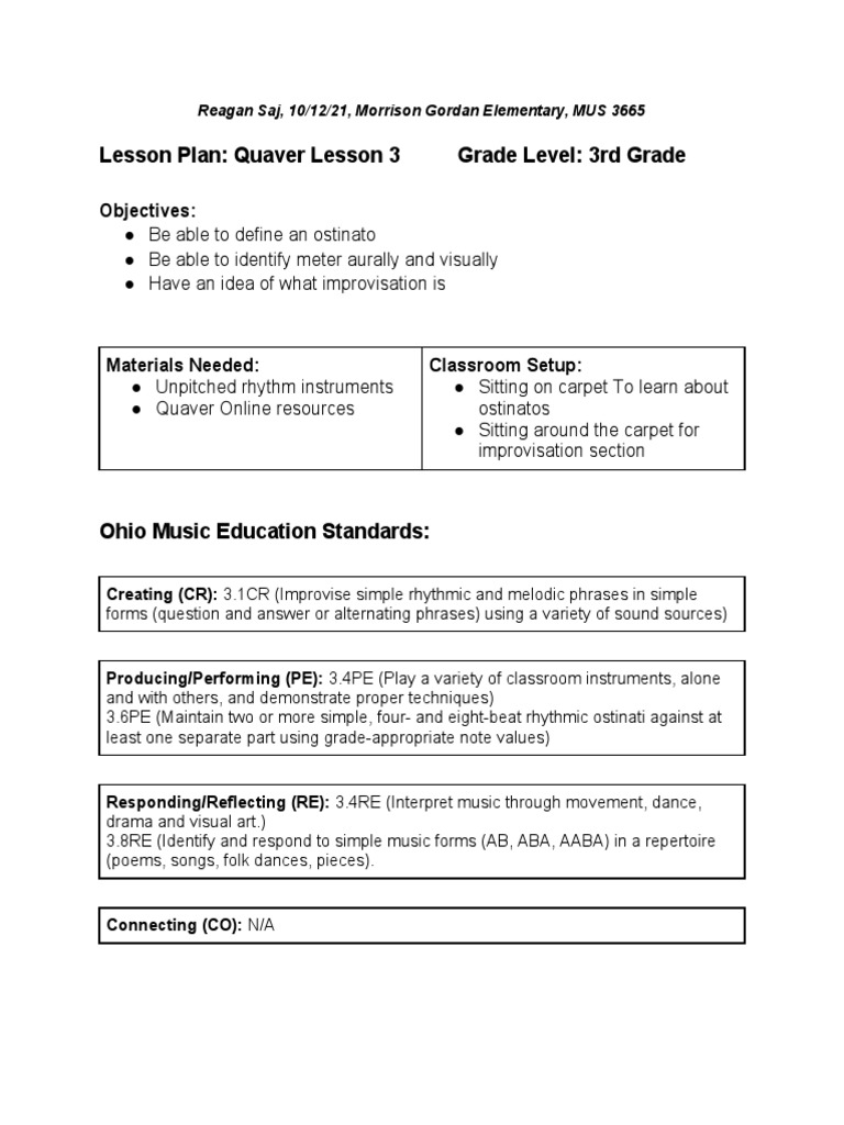 Quaver Lesson Plan for 3rd Grade | PDF | Lesson Plan | Rhythm