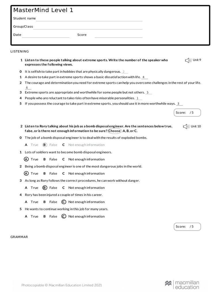 Mastermind Level 1: Student Name Group/Class Date Score | PDF ...