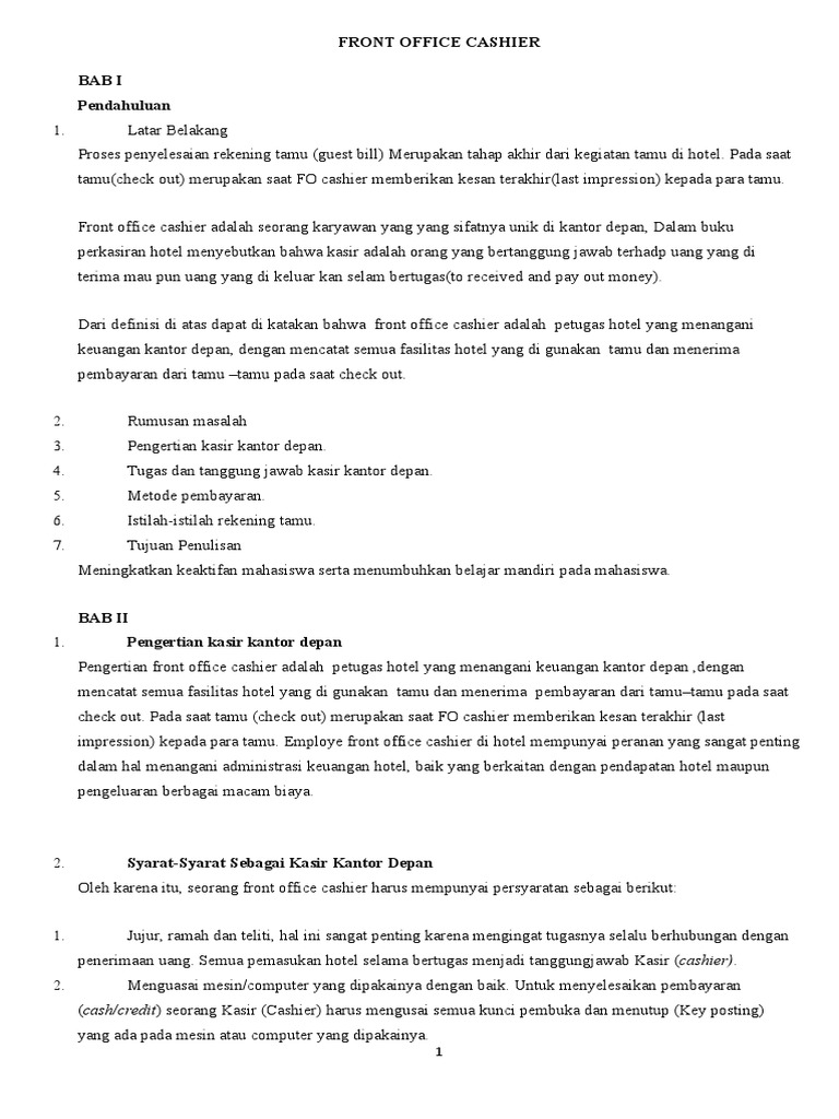 Front Office Cashier | PDF