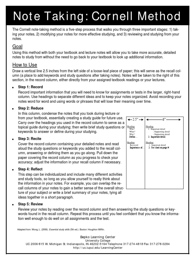 Cornell Method Handout | Neuropsychological Assessment | Cognitive Science