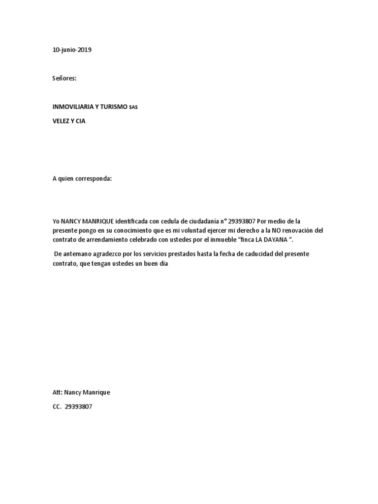 Notificación de no renovación de contrato de arrendamiento de la finca ...