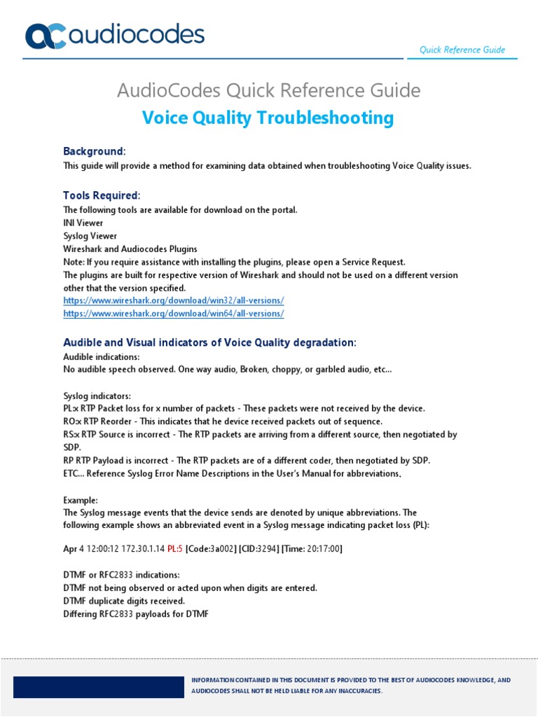 Audiocodes Quick Reference Guide Voice Quality Troubleshooting For ...