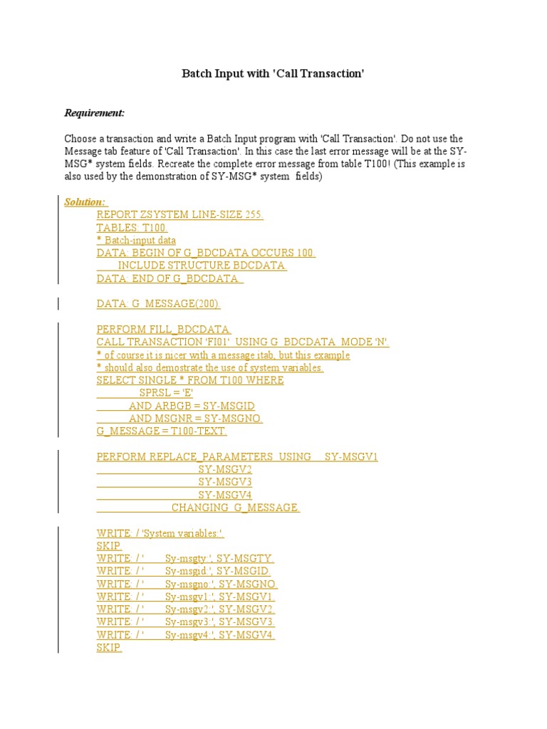 Batch Input With 'Call Transaction': Requirement | PDF | Information Technology Management ...