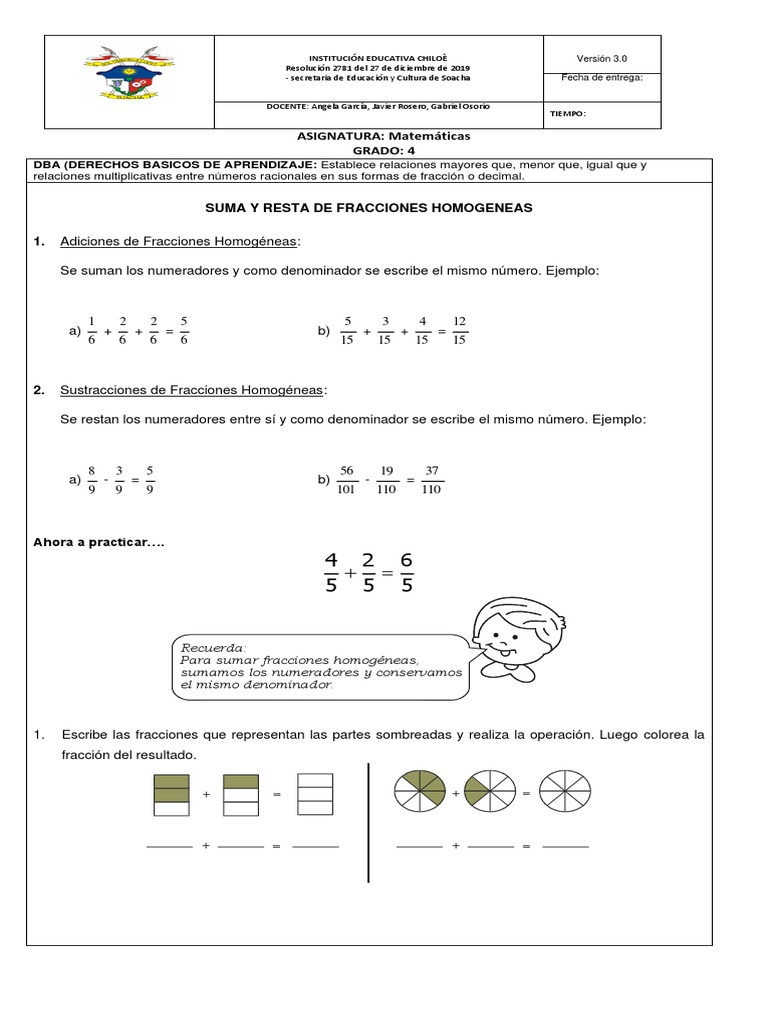 Suma y Resta de Fracciones Homogeneas | PDF | Sustracción | Objetos ...