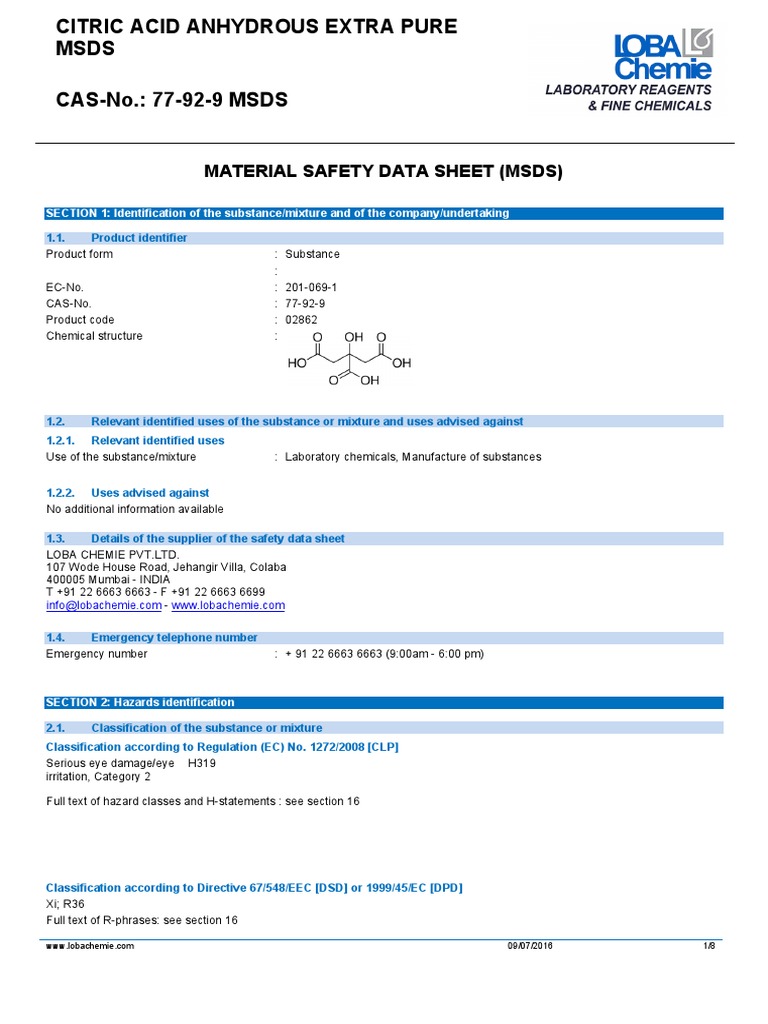 Citric Acid Safety Guide | PDF | Dangerous Goods | Toxicity