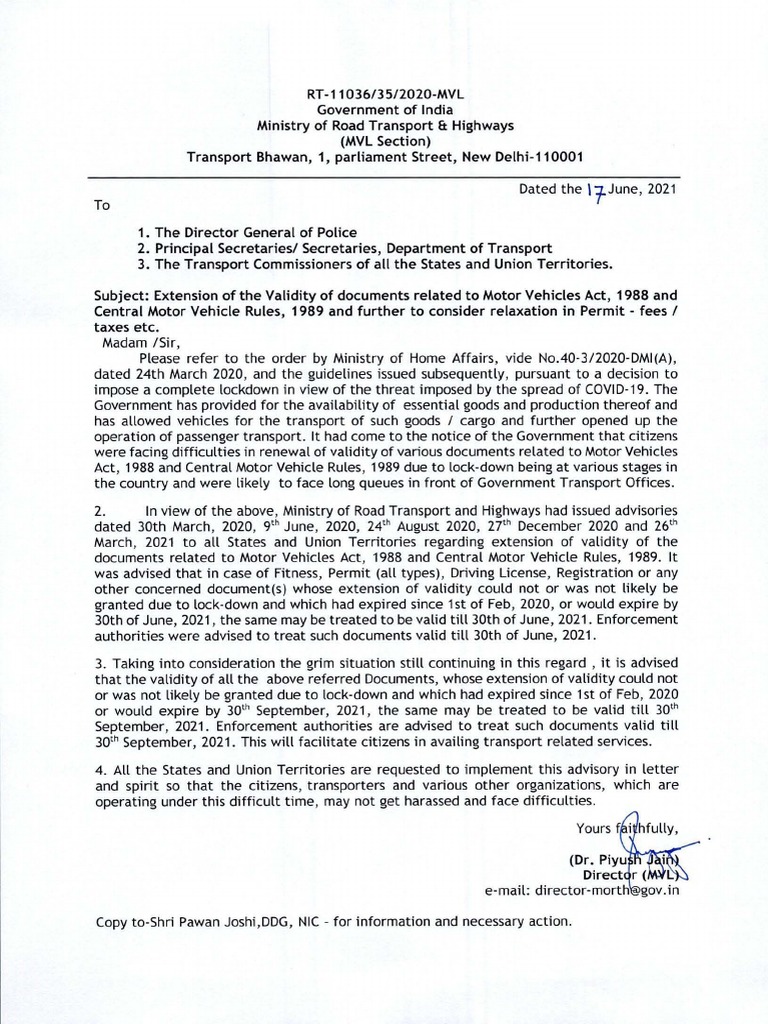 Extension of Validity of Documents DT 17 June 2021-1 | PDF | Government ...