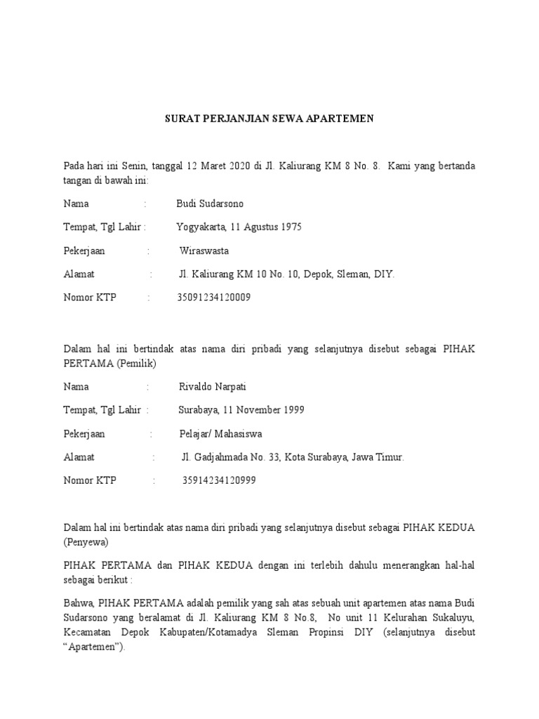 Surat Perjanjian Sewa Apartemen Pdf