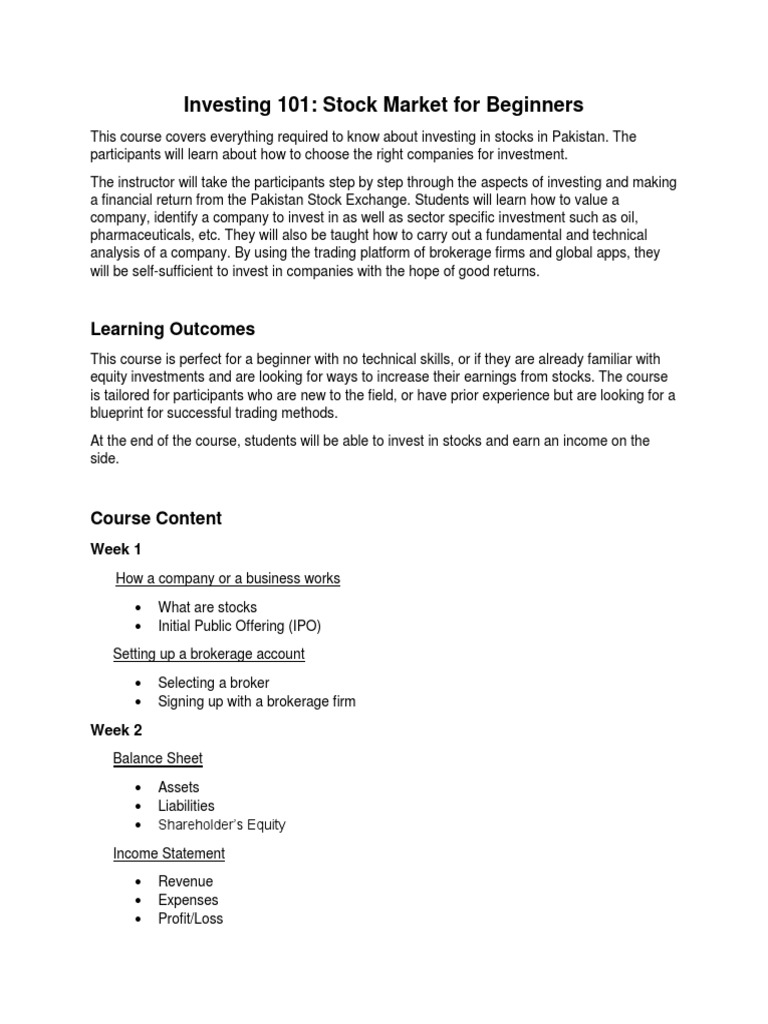Course Outline (Stock Market For Beginners) | PDF | Stocks | Investing