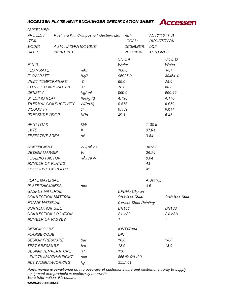 Accessen Plate Heat Exchanger Specification Sheet | PDF | Heat ...
