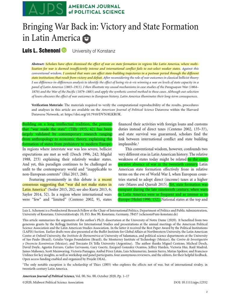 VER Schenoni. BringingWar Back In. Victory and State Formation in Latin ...