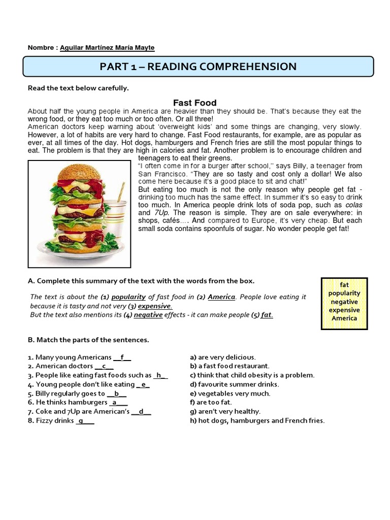 Part 1 - Reading Comprehension: Fast Food | PDF | Hamburgers | Fast Food
