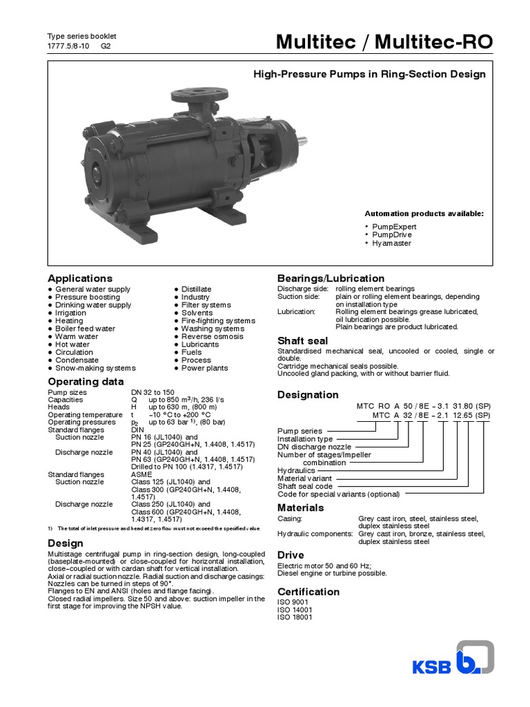 Multitec / Multitec-RO: High-Pressure Pumps in Ring-Section Design | PDF | Pump | Bearing ...