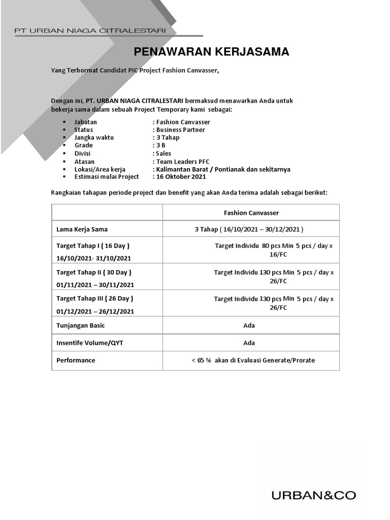 Surat Penawaran Project Temporary Fashion Canvasser URB GAIA 2021 | PDF
