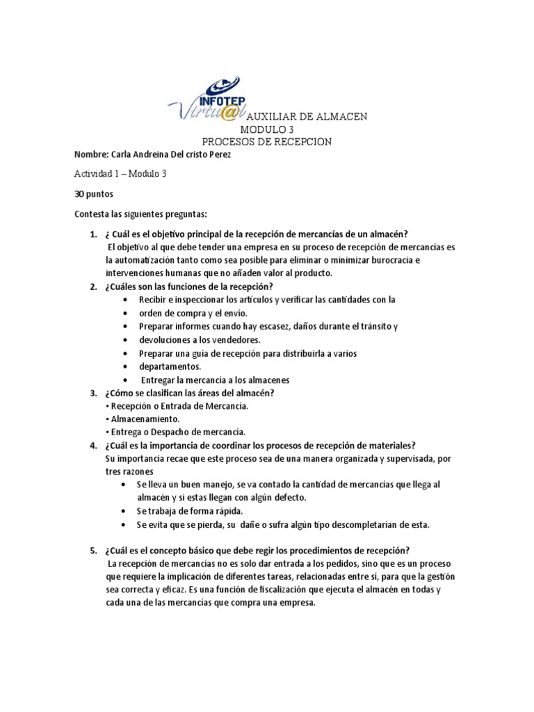 Actividad 1 Del Módulo 3 AUXILIAR DE ALMACEN CARLA | PDF