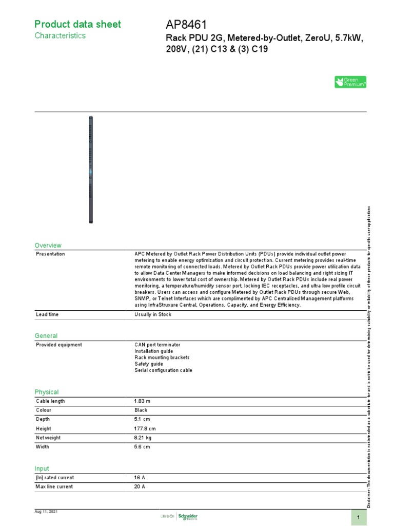 Rack PDU 2G, Metered-by-Outlet, ZeroU, 5.7kW, 208V, (21) C13 & (3) C19 ...