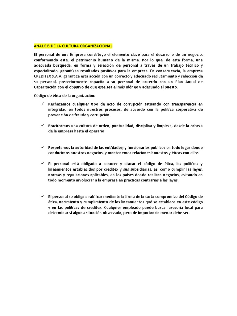 Cultura y Tecnología en Creditex S.A.A. | PDF | Industria textil | Textiles