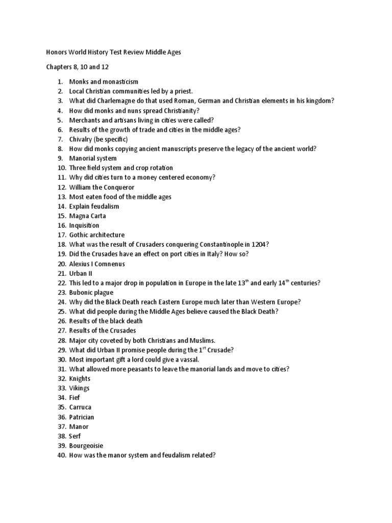 Honors World History Test Review Middle Ages - Docx New Book 2019 | PDF