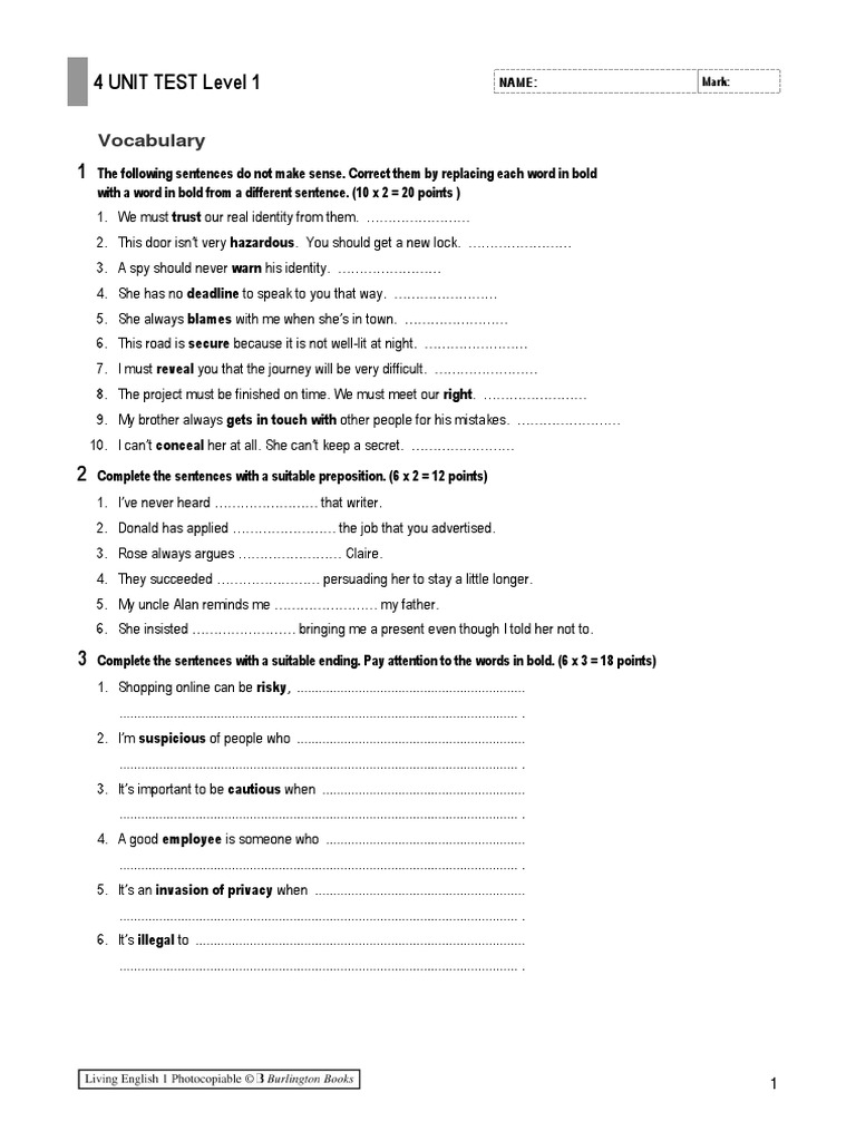 4 Unit Test Level 1: Vocabulary | PDF | Sentence (Linguistics) | Syntax