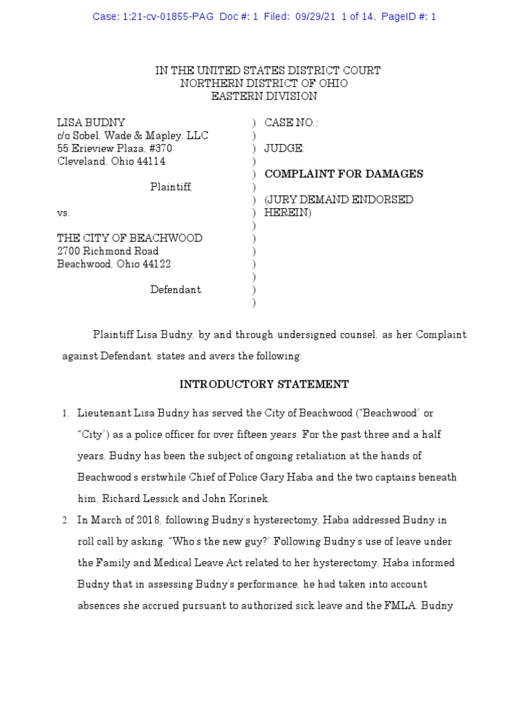 Lawsuit For Lisa Budny vs. City of Beachwood | PDF | Equal Employment ...