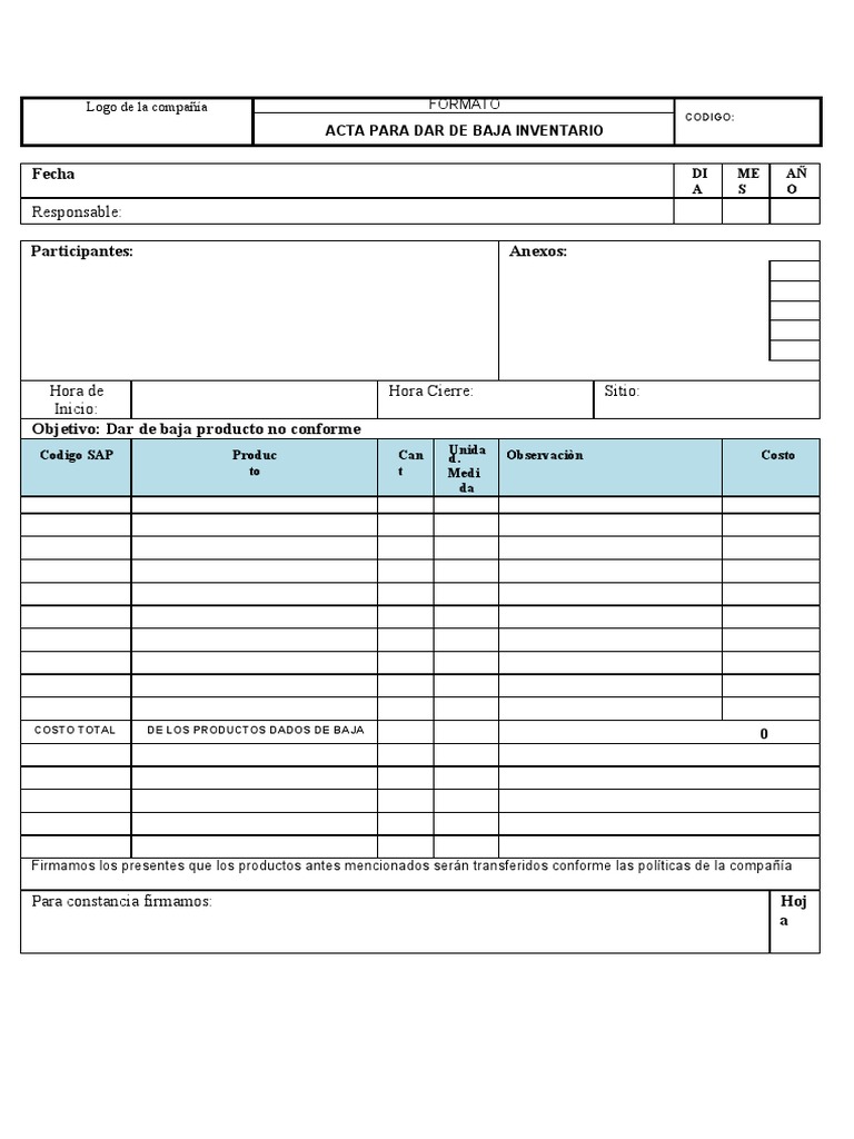 Formato para Dar de Baja Inventario | PDF | Negocios