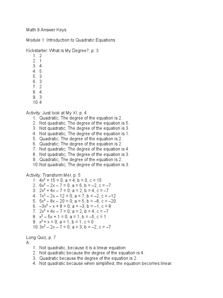 Math 9 - Q1 - M1 - Answer Key | PDF