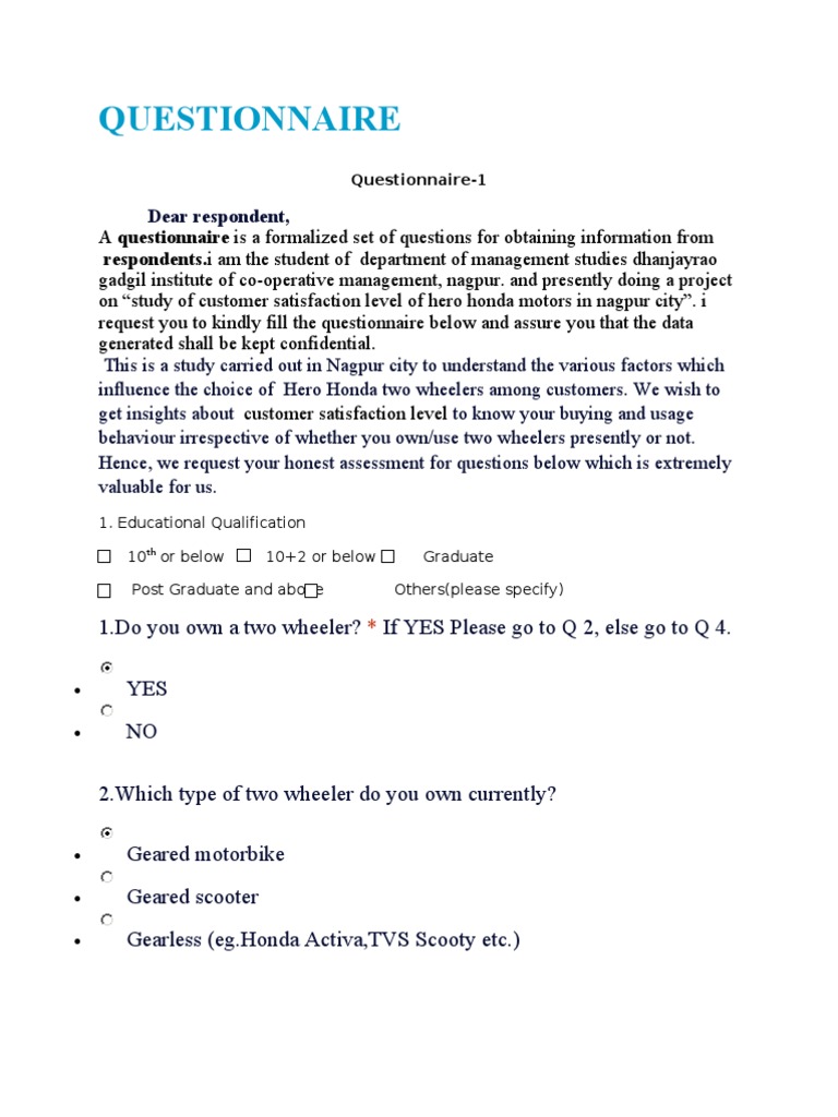 Questionnaire | PDF | Motorcycle | Vehicles