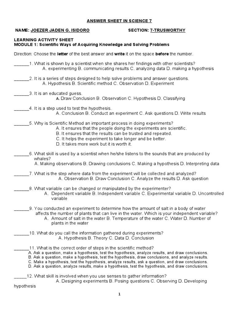 Answer Sheet in Science 7 | PDF | Solution | Experiment