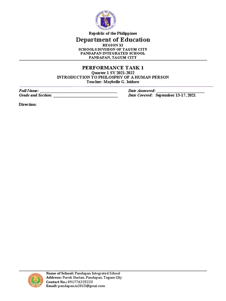Department of Education: Performance Task 1 | PDF